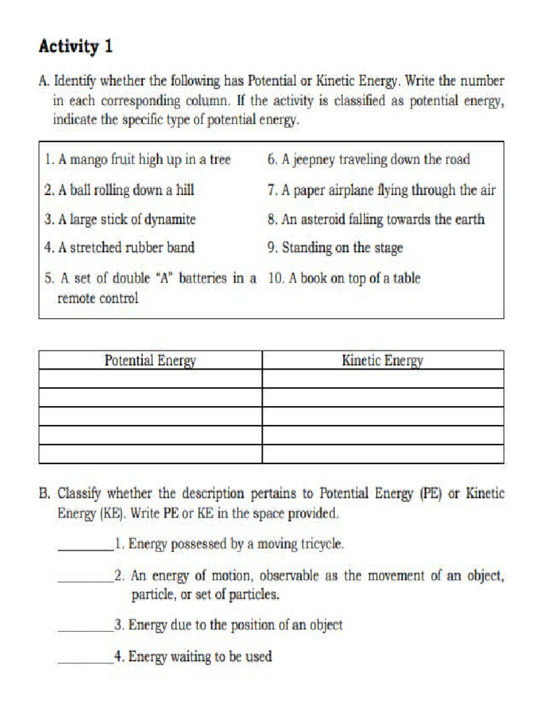 Activity 1. Identification between Kinetic or Potential Energy. | PDF