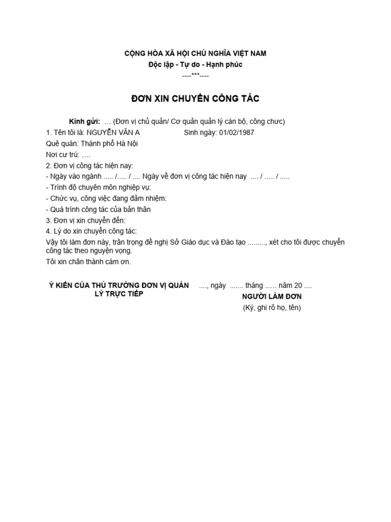 Don Xin Chuyen Cong Tac Theo Nguyen Vong | PDF