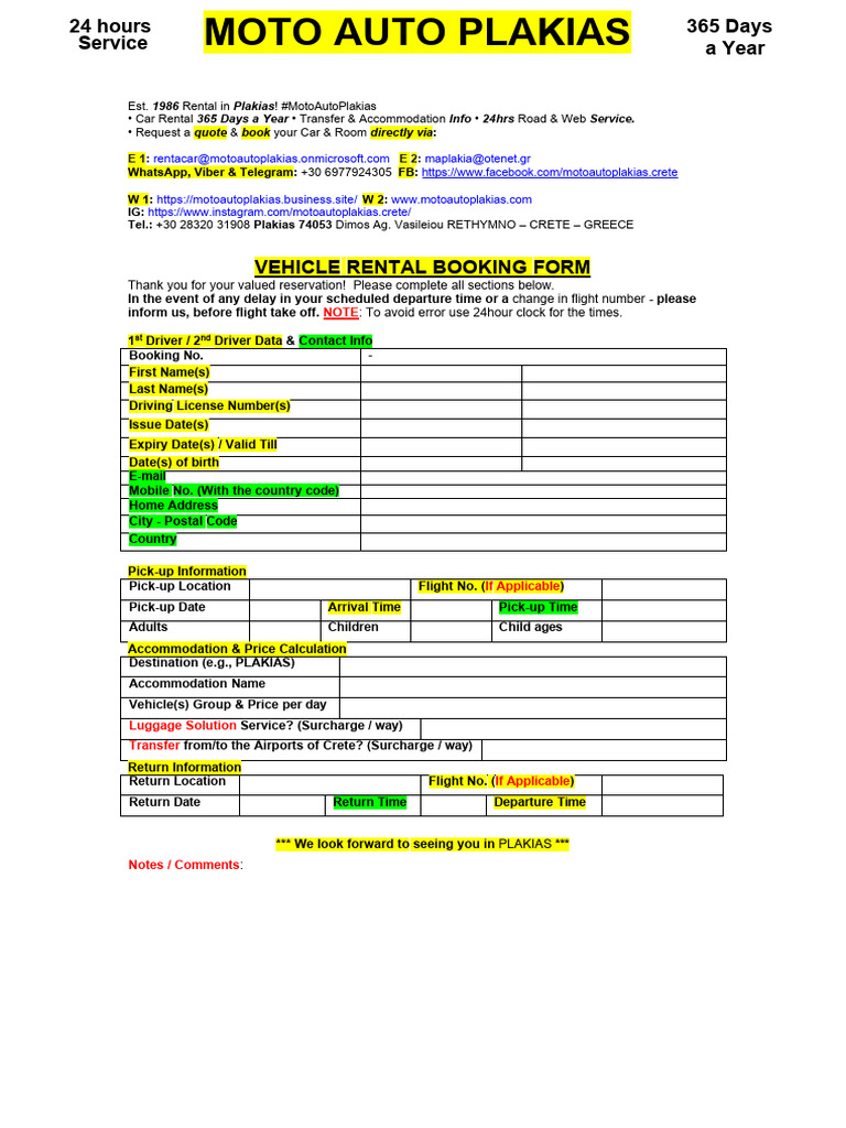 Car Rental Booking Form - Plakias | PDF
