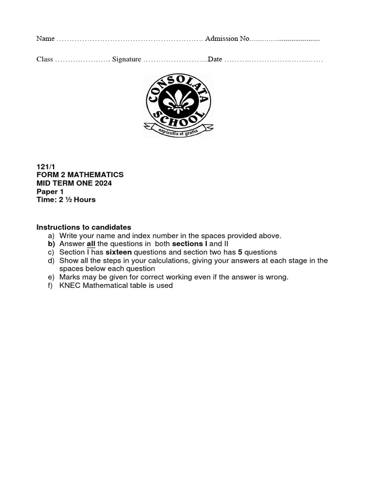 F2 MATH Mid Exam 2024 | PDF | Mathematics