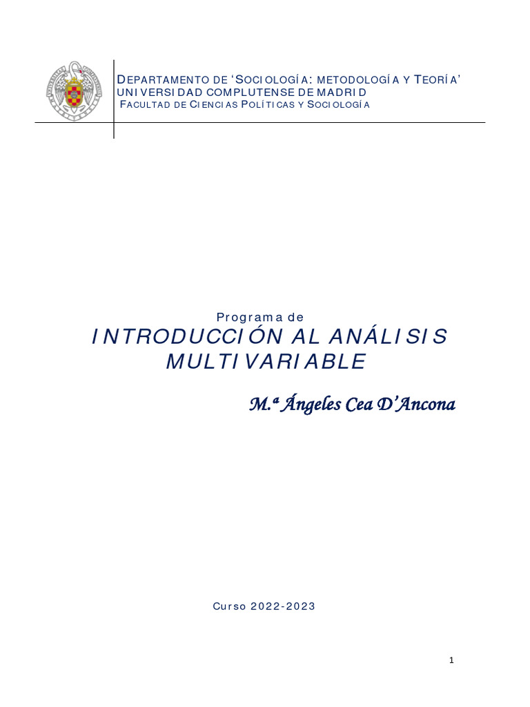 Introducción Al Análisis Multivariable G Sociología M Ángeles Cea 1 | PDF | Teoría | Plan de ...