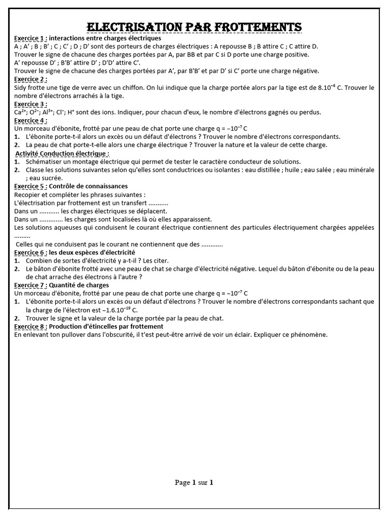 Électrisation par Frottement : Exercices et Concepts | PDF | Charge ...