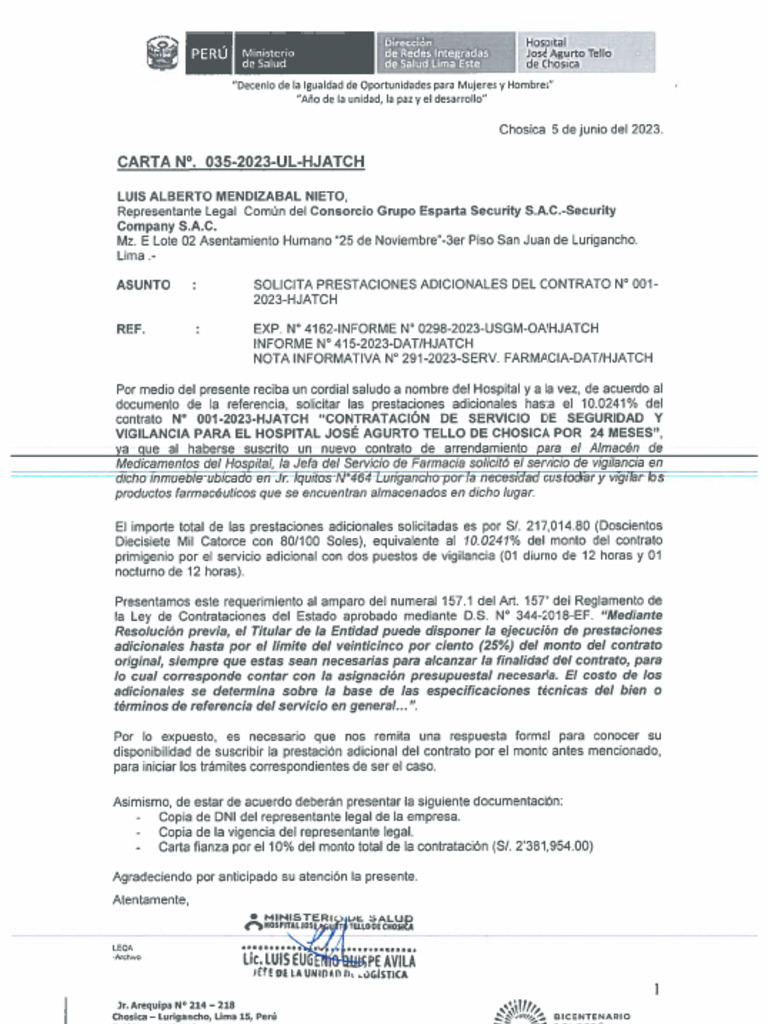 Carta de Prestaciones Adicionales Vigilancia | PDF