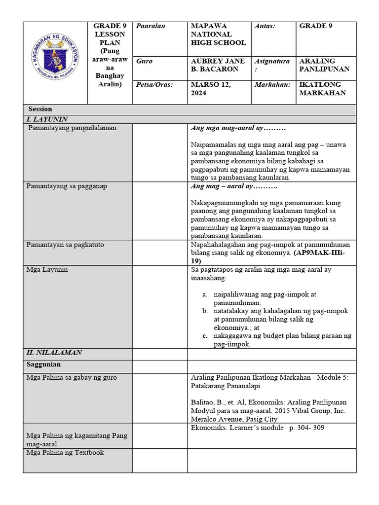 Pamumuhunan at Pag-Iimpok (Lesson Plan) | PDF