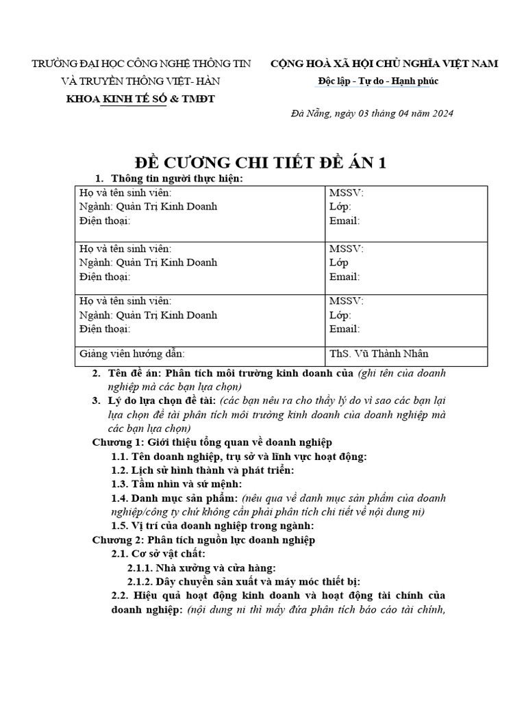 Outline Chung Đề Cương Chi Tiết Cho Các Nhóm Đề Án | PDF