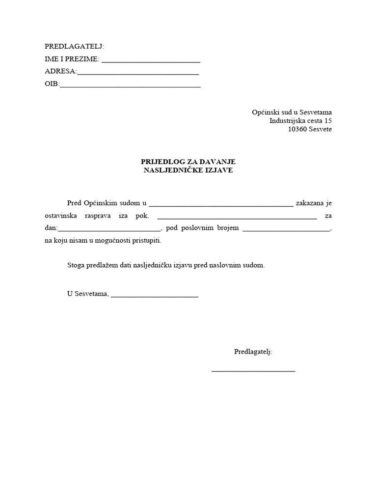Prijedlog Za Davanje Nasljedničke Izjave | PDF