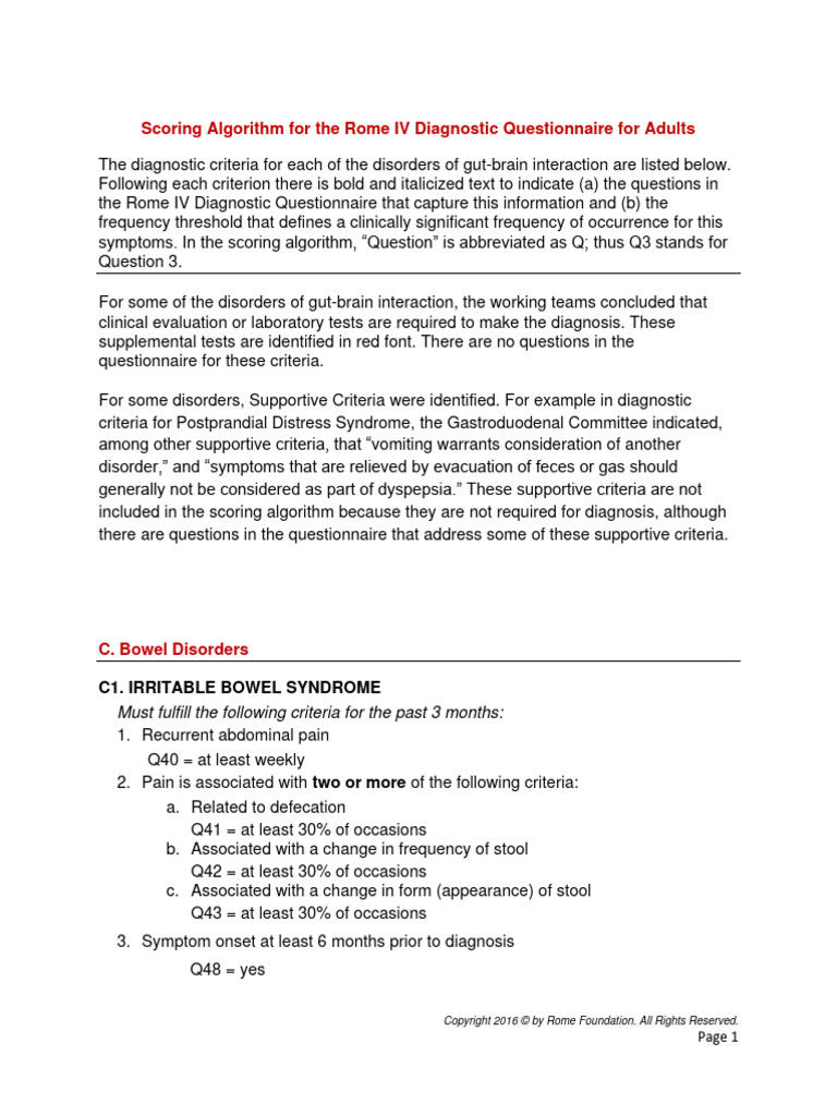 Scoring Algorithm For The Rome IV Diagnostic Questionnaire For Adults ...