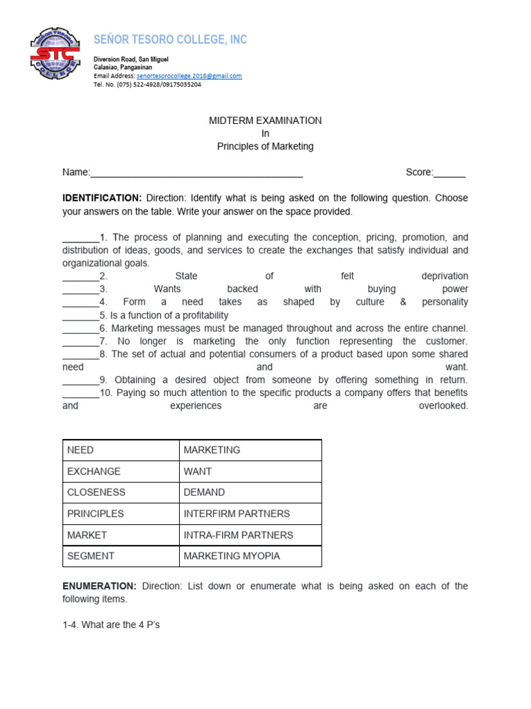 Principles of Marketing Midterm Exam | PDF | Marketing | Market (Economics)