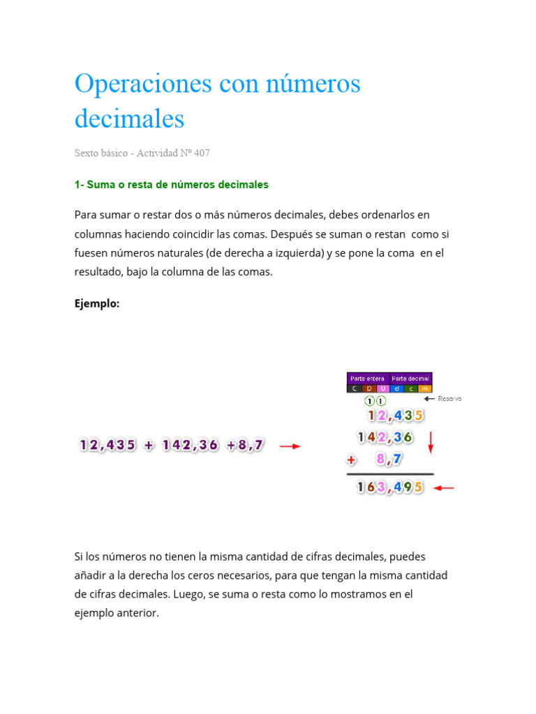 Operaciones con números decimales | PDF | División (Matemáticas) | Decimal