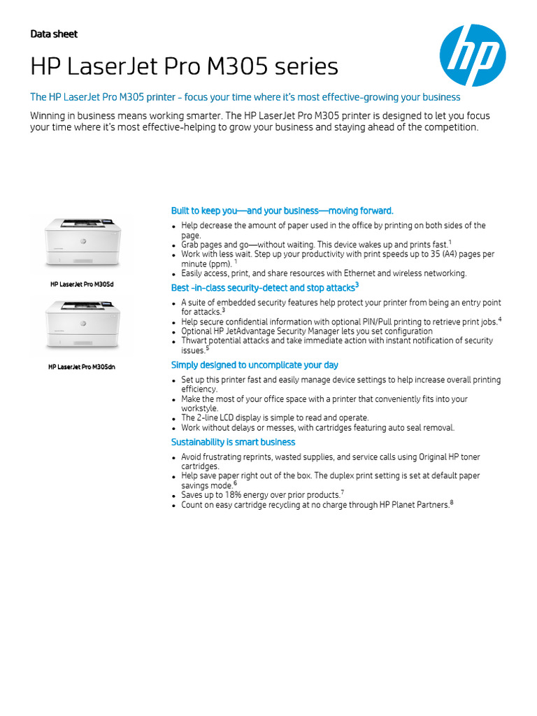 HP LJ Pro m305 Datasheet | PDF | Printer (Computing) | Usb Flash Drive