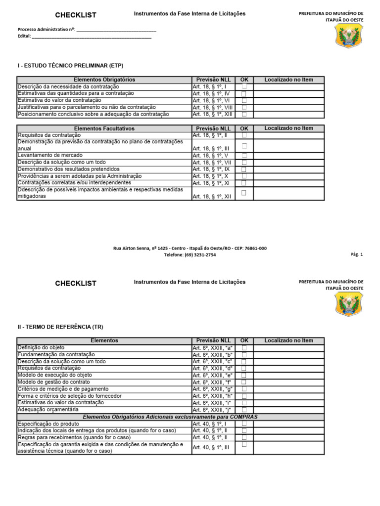 PMIO - Modelo de Checklist Fase Preparatória Nova Lei de Licitações ...