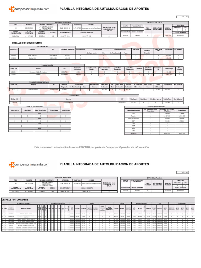 Planilla J&G Abril 2024 | PDF | Pensión | Sector privado