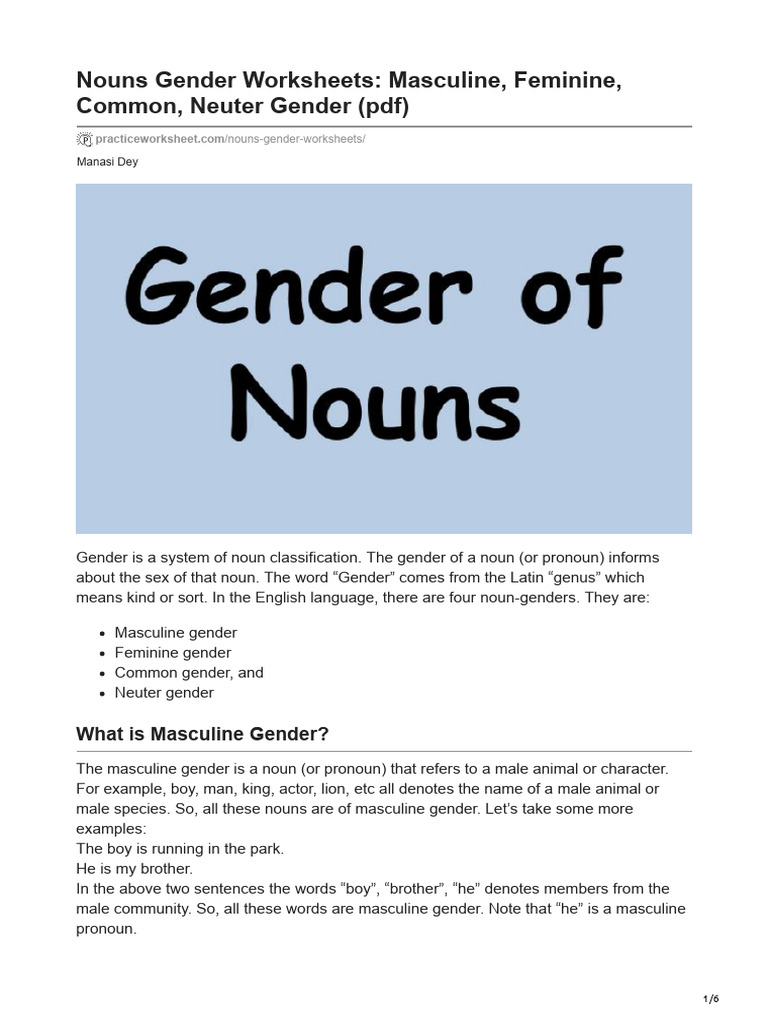 Gender Noun Worksheets for Class 6 | PDF | Grammatical Gender ...