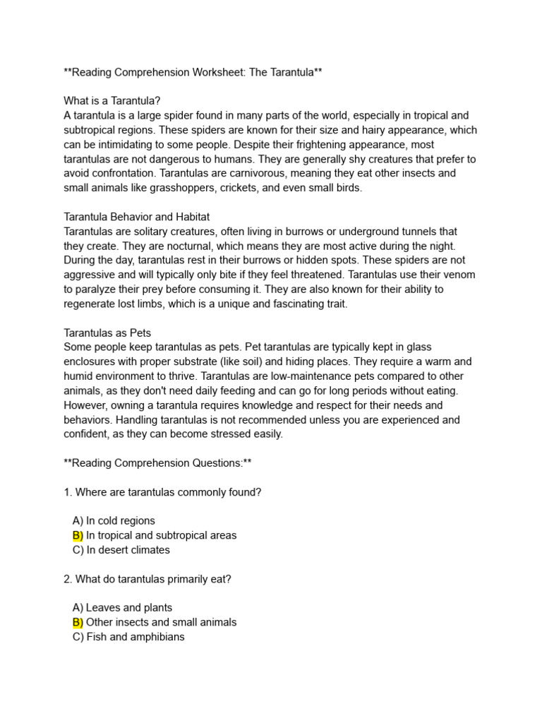 Reading Comprehension Worksheet - The Tarantula | PDF