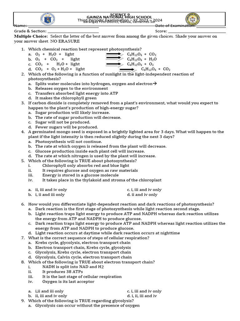 Grade 9 Science Exam: Photosynthesis & Bonds | PDF | Chemical Bond | Ion