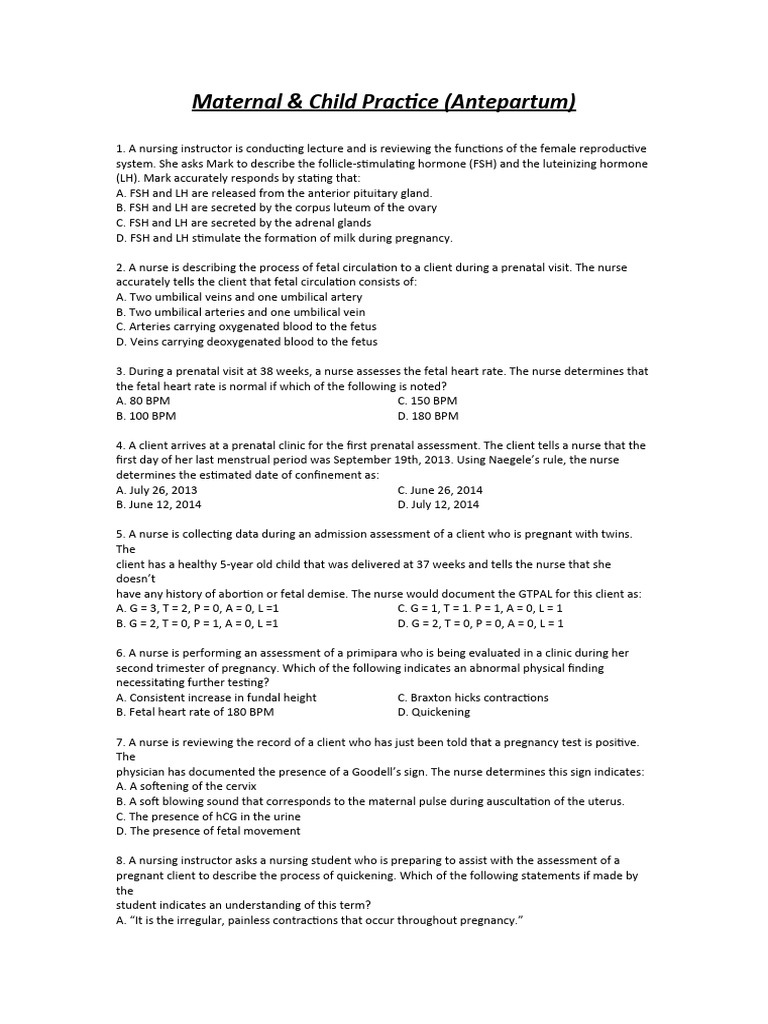 Antepartum Nclex Practice | PDF | Luteinizing Hormone | Pregnancy