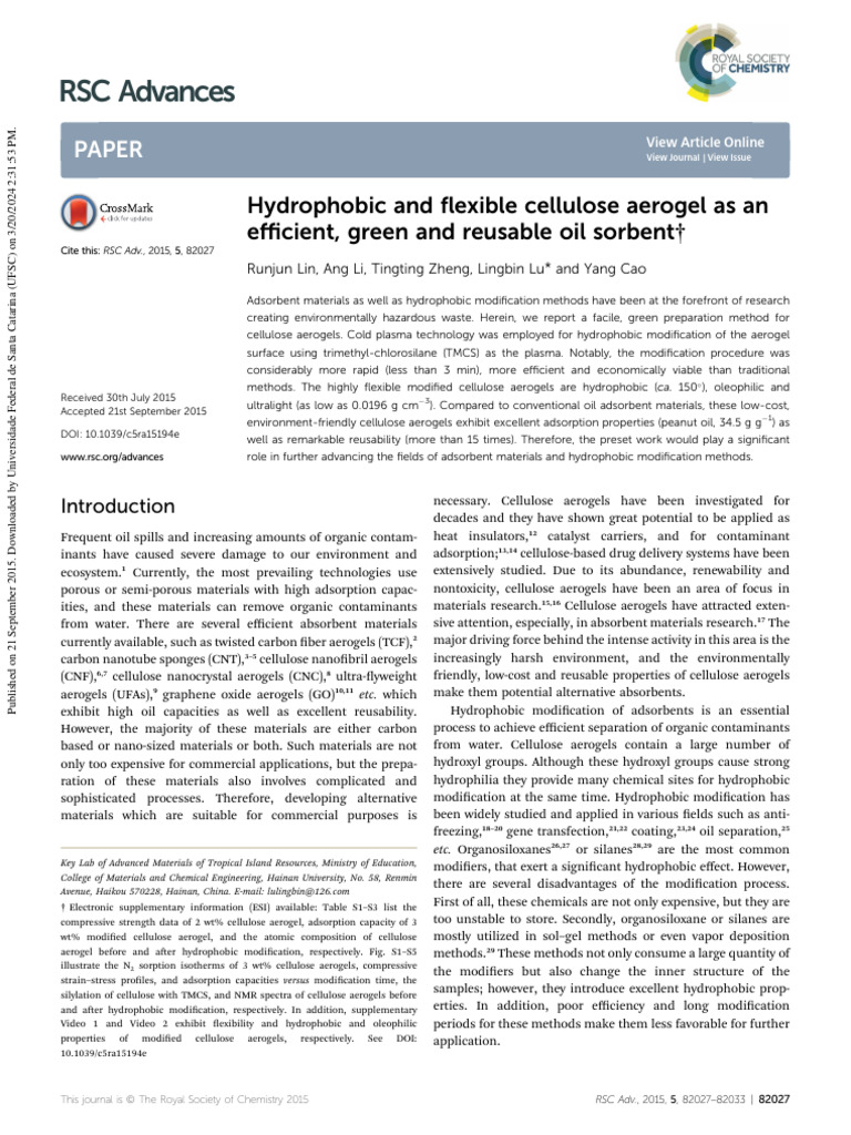 Hydrophobic and Flexible Cellulose Aerogel As An | PDF | Adsorption | Carbon Nanotube