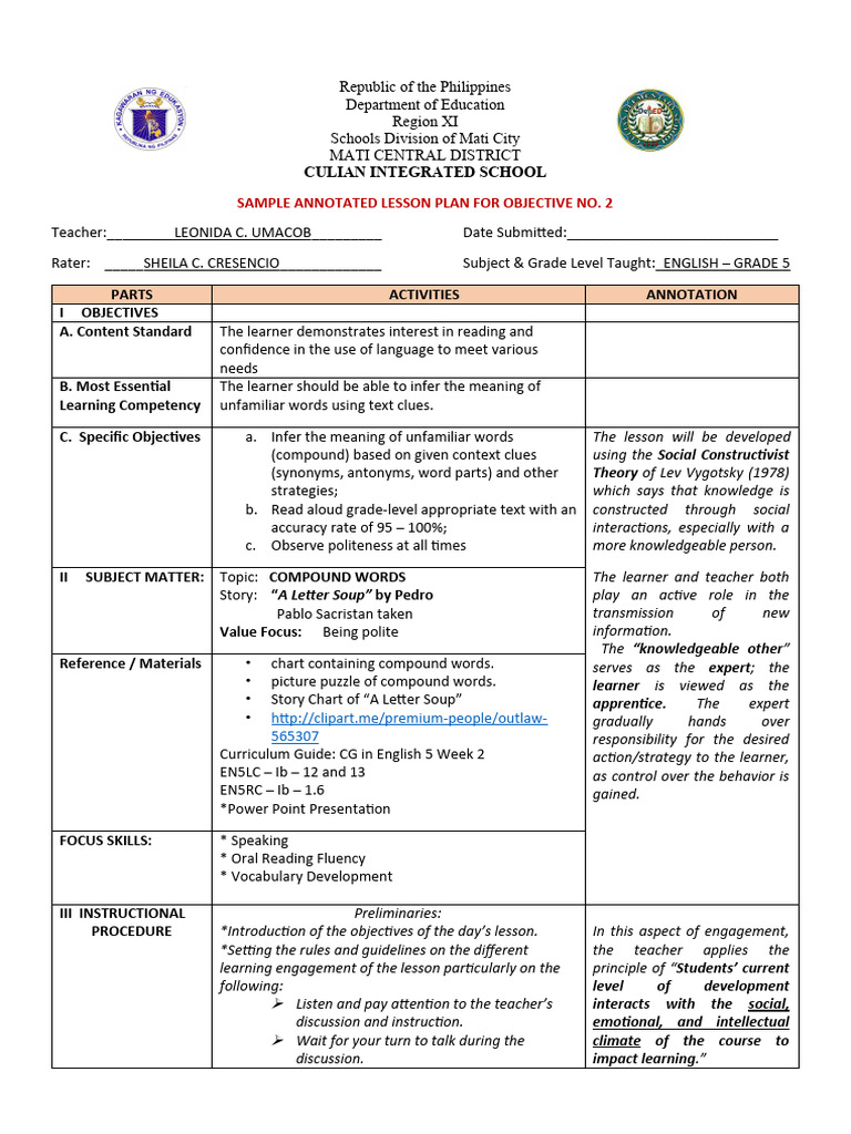 Sample Annotated LP For Objective 2 | PDF | Learning | Constructivism ...