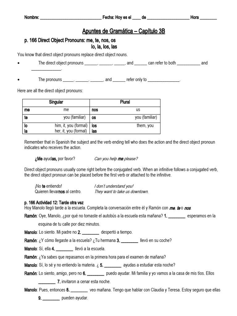 Apuntes de Gramtica 3b II - Direct Object Pronouns - Me Te Nos | PDF