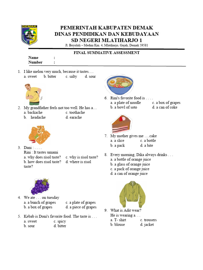 Final Summative Assessment for SD Mlatiharjo 1 | PDF | Taste | Senses