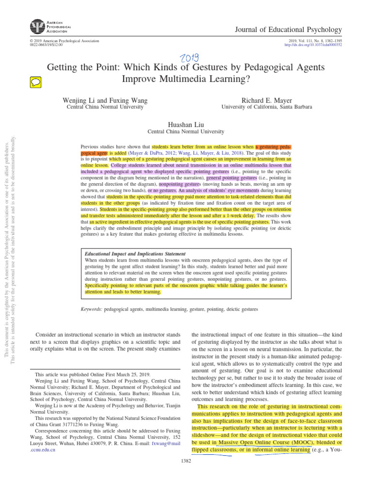 Li, Wang & Mayer (2019) Getting The Point Which Kinds of Gestures by Pedagogical Agents Improve ...