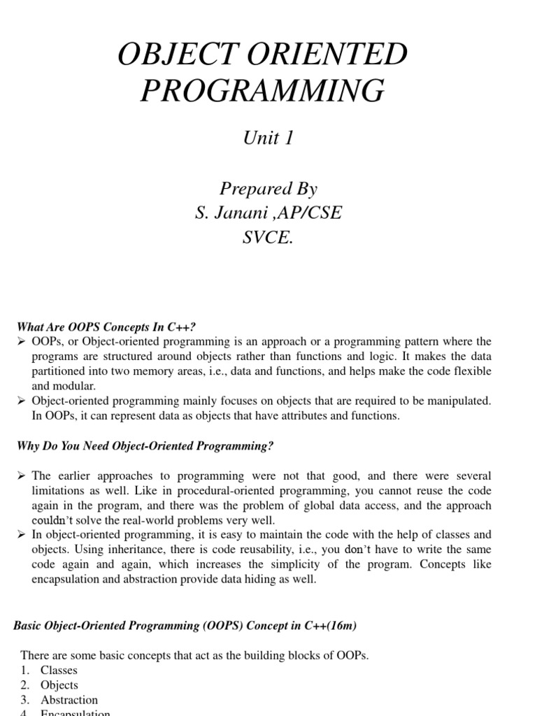 Oops Unit 1 Notes Pdf Object Oriented Programming Computer Programming