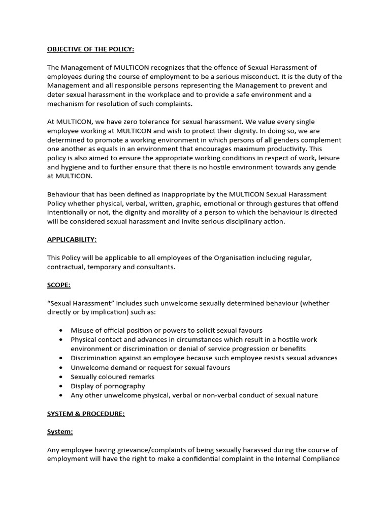 POSH policy MULTICON | PDF | Sexual Harassment | Justice
