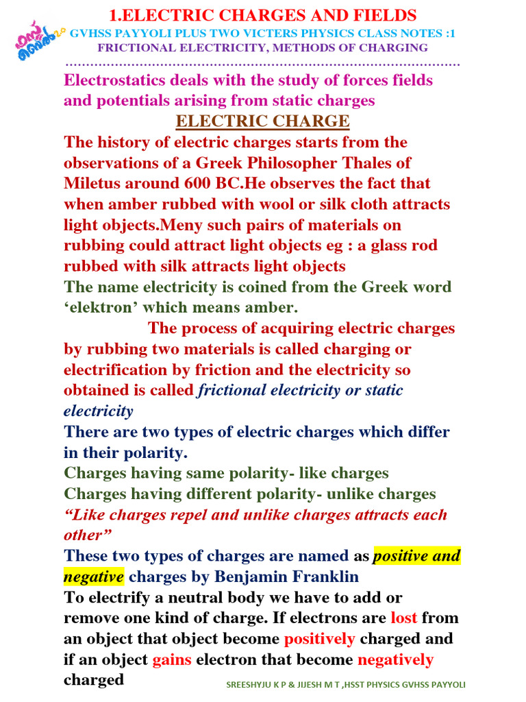 HSSRPTR - Class 3-Electric Charges and Fields Class 1 | PDF | Electric ...