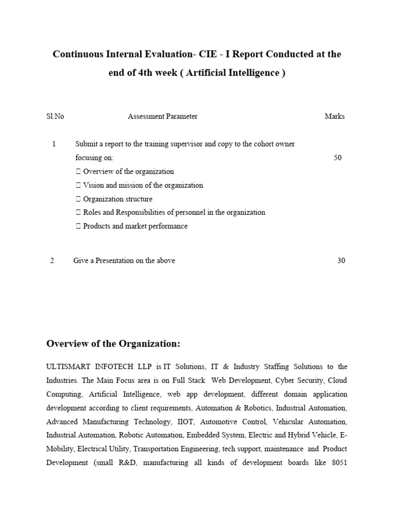 Continuous Internal Evaluation CIE-1 Report For AI | PDF | Organizational Structure | Artificial ...