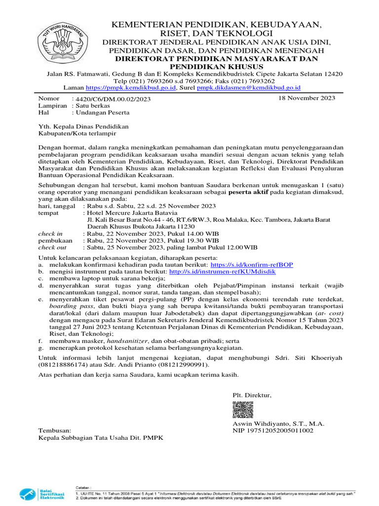 Undangan Peserta Operator Dinas Kegiatan Refleksi Dan Evaluasi Penyaluran Bantuan Operasional ...