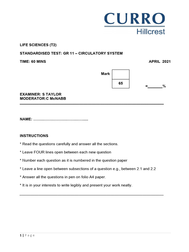 Grade 11 Circulatory System Test | PDF | Atherosclerosis | Heart