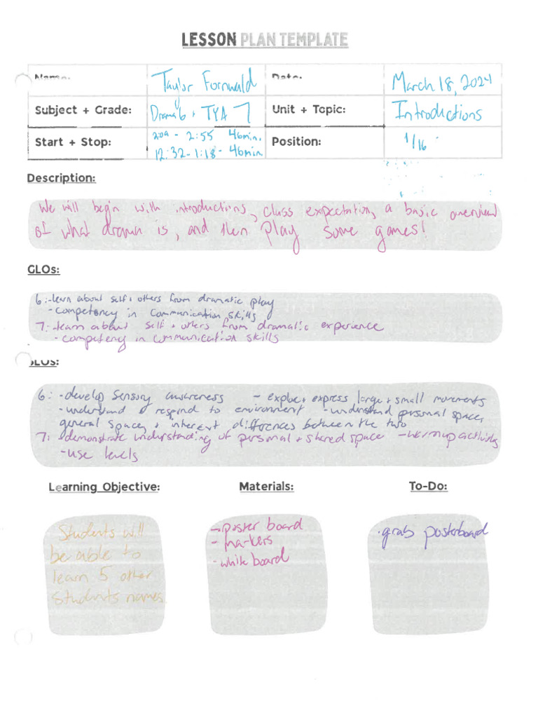 March 18 Tya 7 and Drama 6 Lesson Plan | PDF