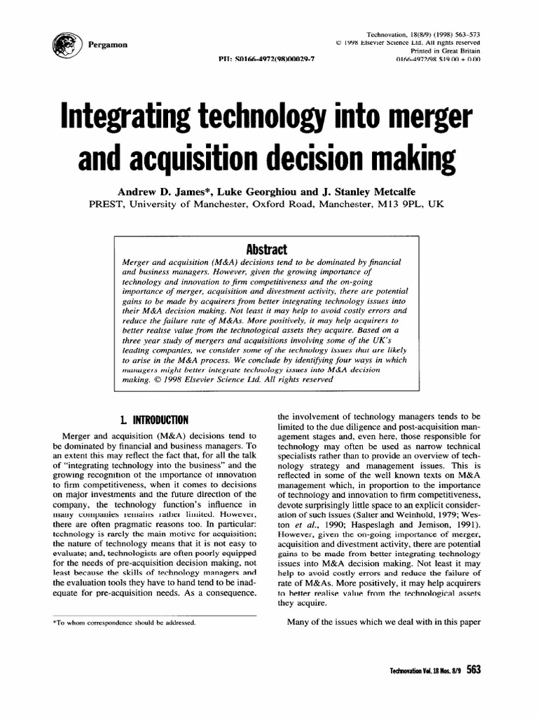 Integrating Technology Into Merger and Acquisition Decision Making | Download Free PDF | Mergers ...