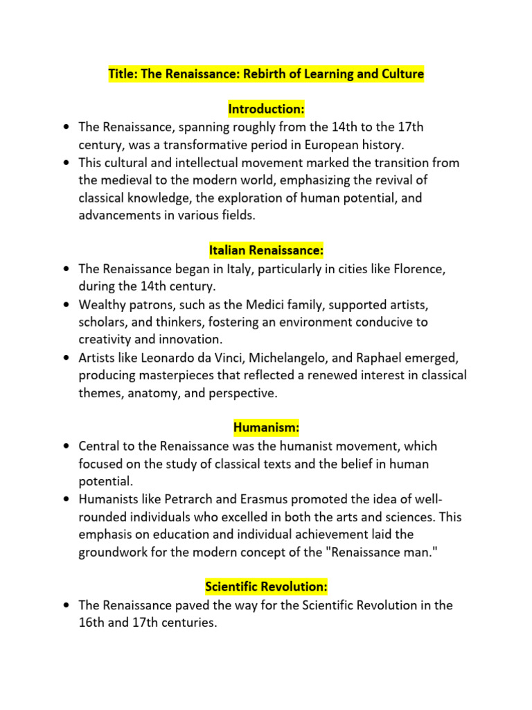 The Renaissance- Rebirth of Learning and Culture | PDF | Renaissance ...