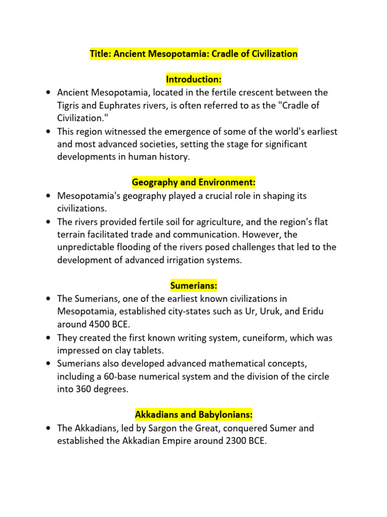 Ancient Mesopotamia - Cradle of Civilization | PDF | Mesopotamia | Sumer