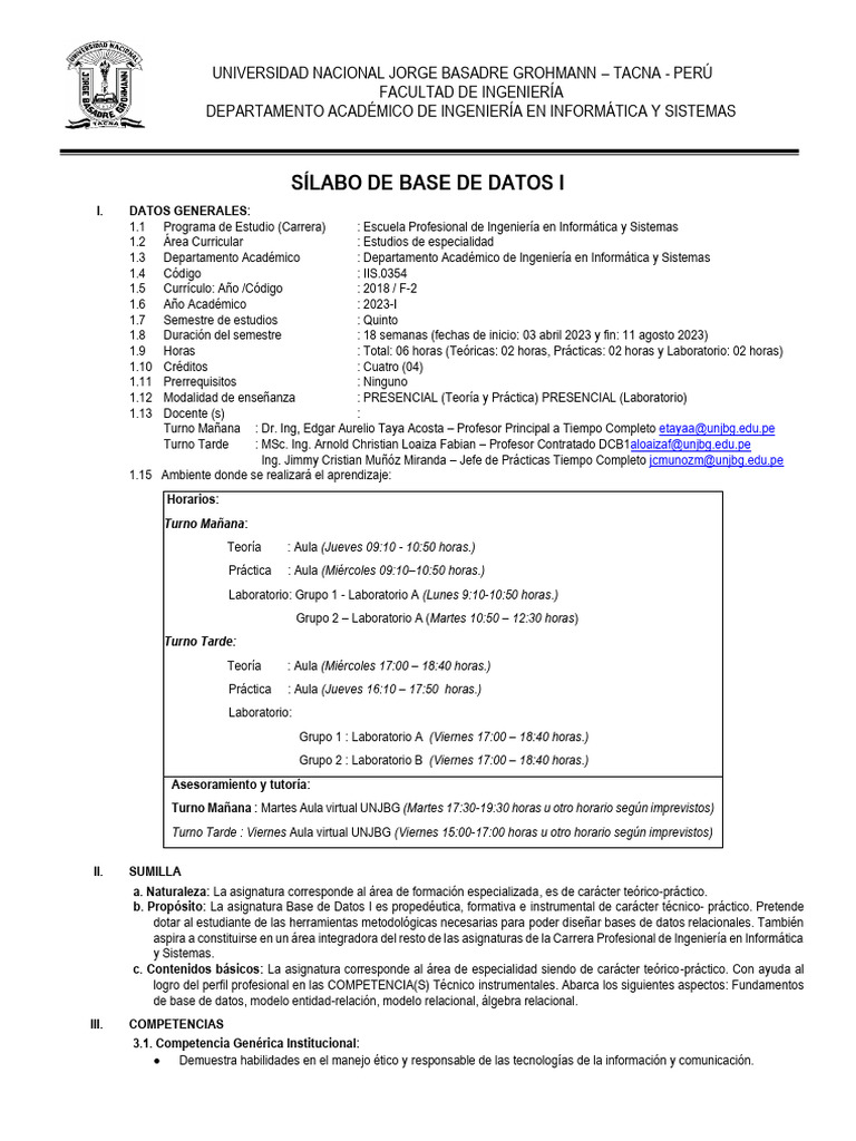 SilaboVirtual Base de Datos I ESIS 2023 I 1 1FP | PDF | Evaluación | Enseñando