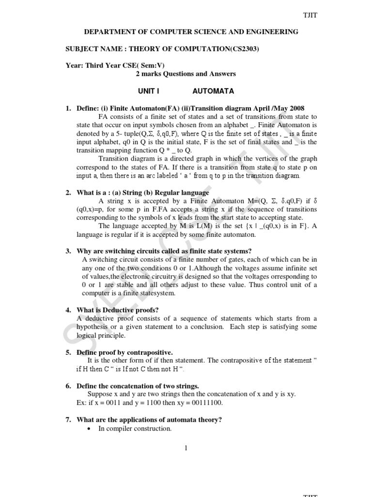 Cs2303 Toc 2marks | PDF | Automata Theory | Regular Expression
