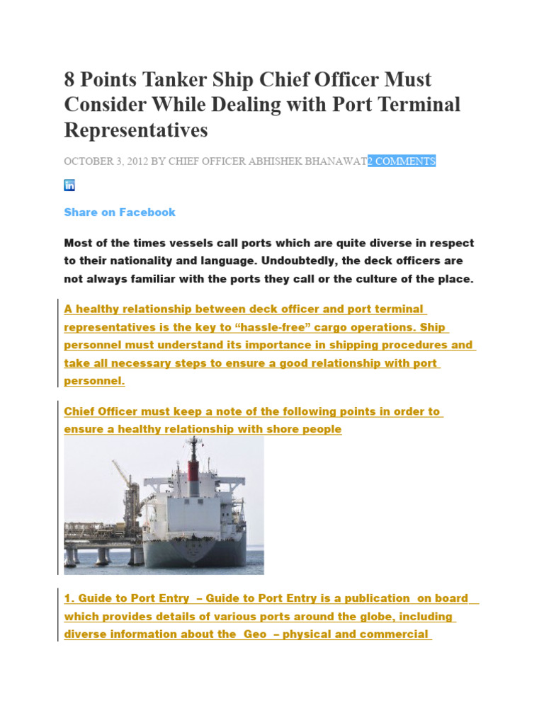 8 Tips for Tanker Chief Officers at Ports | PDF | Ships | Oil Tanker