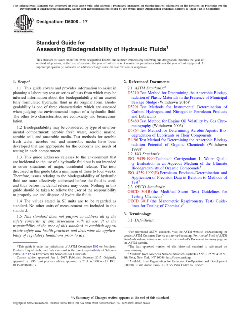 Assessing Biodegradability of Hydraulic Fluids: Standard Guide For ...