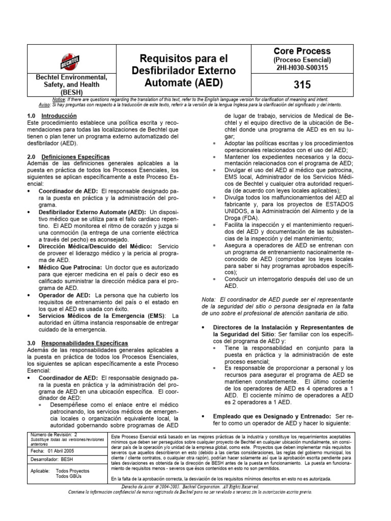 CP-315, Requisitos para Programa Con Desfibrilador Externo Automatizado | PDF | Tecnología