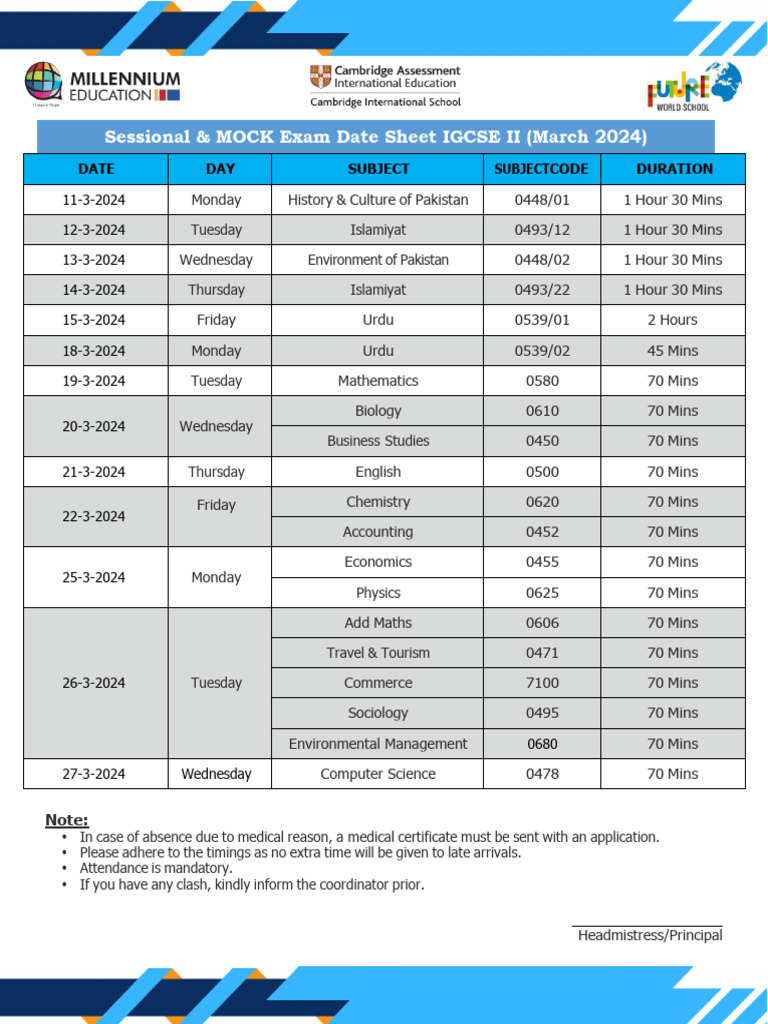 IGCSE II March Sessional & Mock Exam Date Sheet March 2024 | PDF