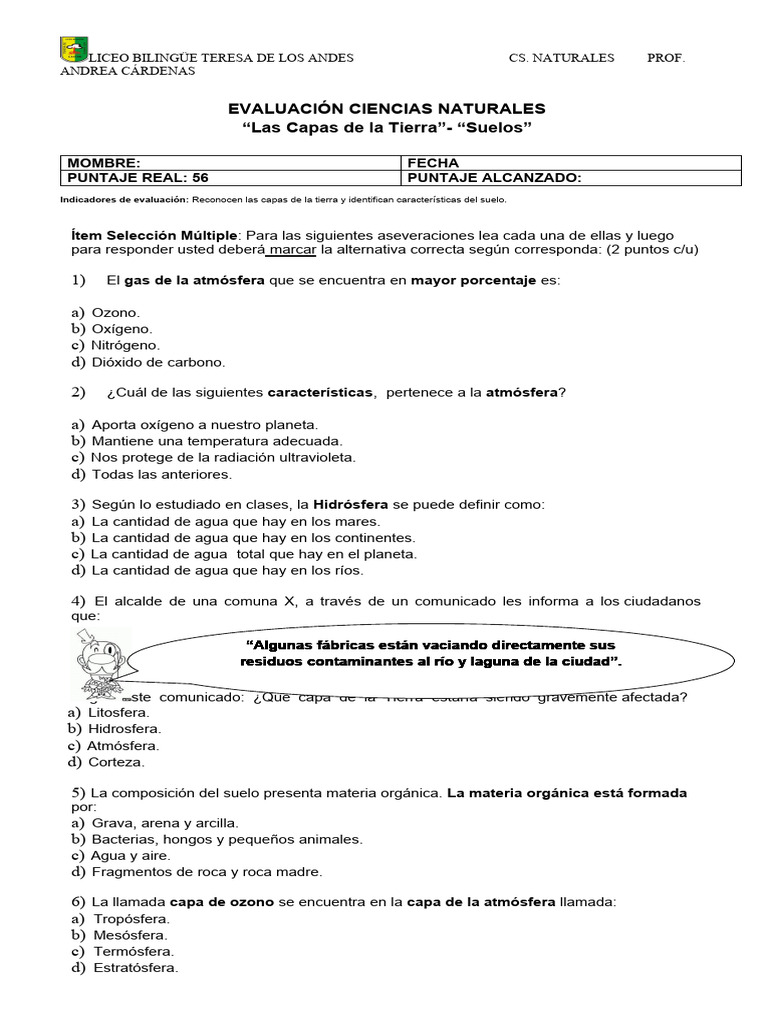 PRUEBA CS. NATURALES 6 BÁSICO | PDF | Agua | Tierra