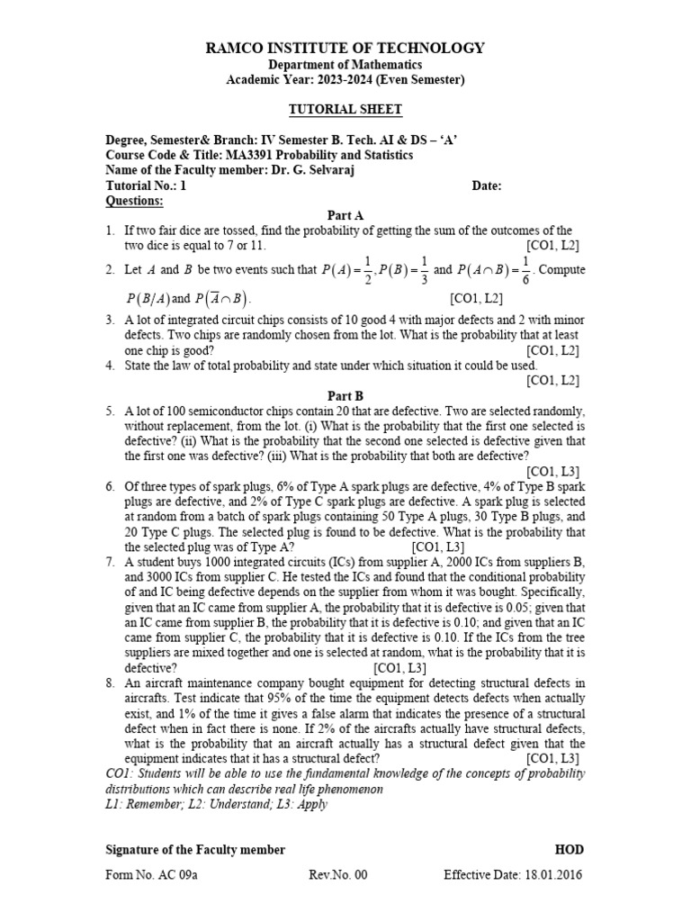 Tutorial Sheets - Unit 1,2 | PDF | Probability Distribution | Probability Density Function