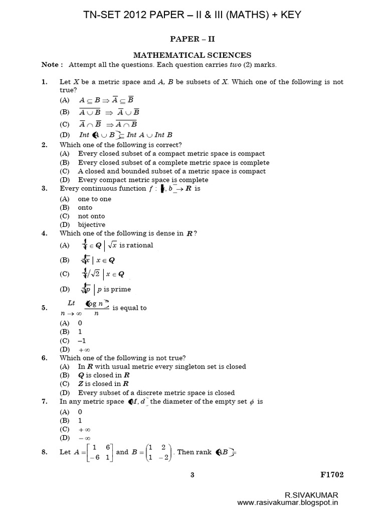 Tn-Set 2012 Paper - Ii & Iii (Maths) - Key | PDF | Variance | Compact Space