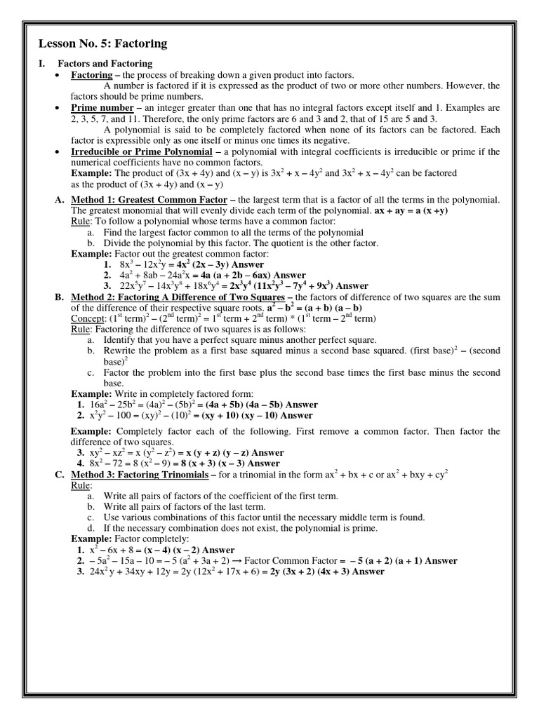 Lesson No.5.LECTURE - MATH FOR ENGINEERS - FACTORING.DEC2021 | PDF ...