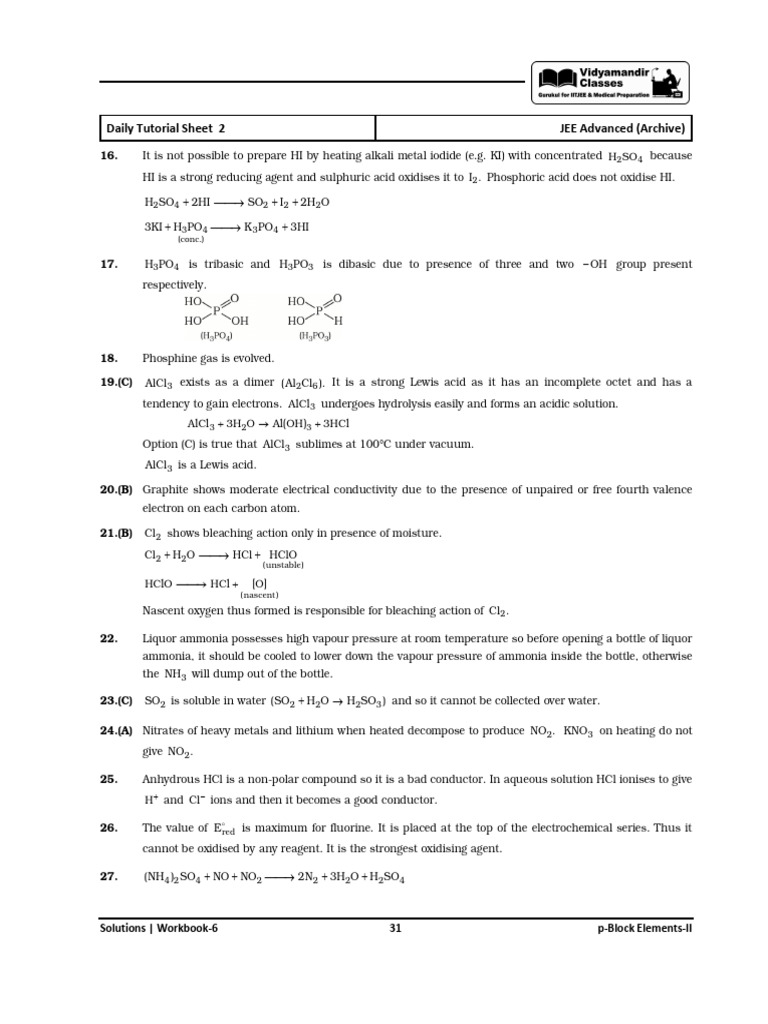 p-Block Elements II JEE Advanced Solutions | PDF | Acid | Chlorine