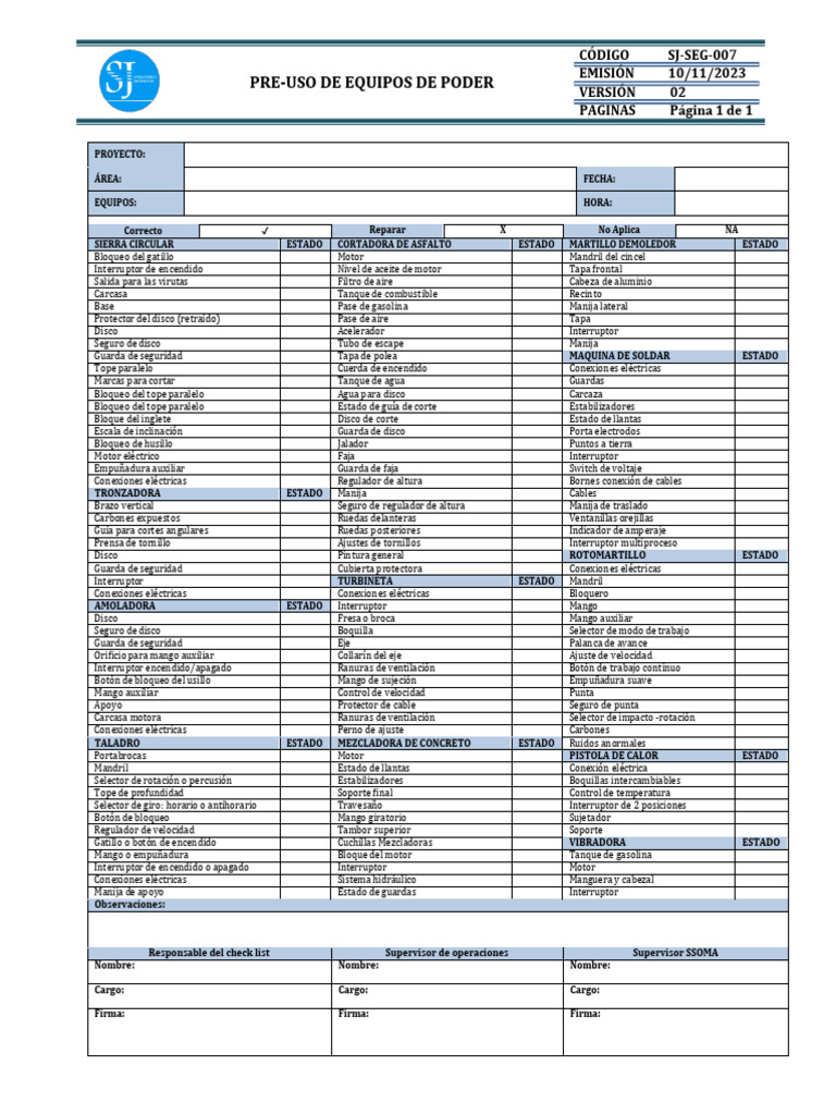 SJ-SEG-007 Pre Uso de Equipos de Poder 2 | PDF | Cambiar | Perforar