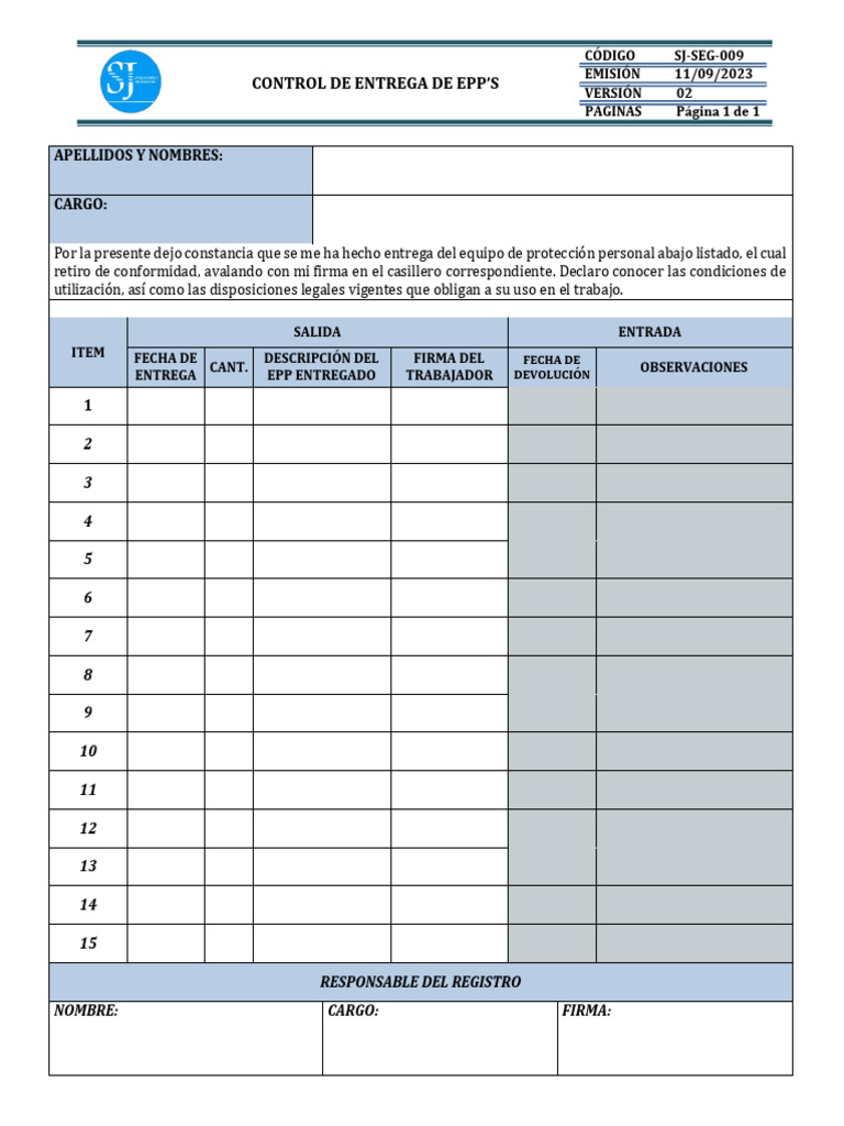 SJ-SEG-009 Control de Entrega de EPPs | PDF