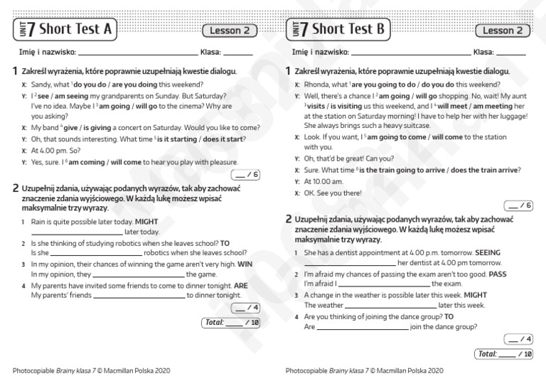 Brainy kl7 Short Tests Unit 7 Lesson 2 | PDF