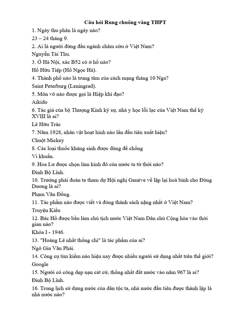 Câu hỏi Rung chuông vàng THPT | PDF